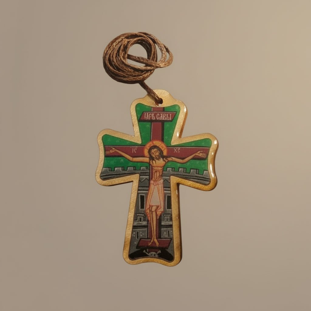 Autokreuz aus Holz – Mit Darstellung von Isus Hristos – svetazvezda